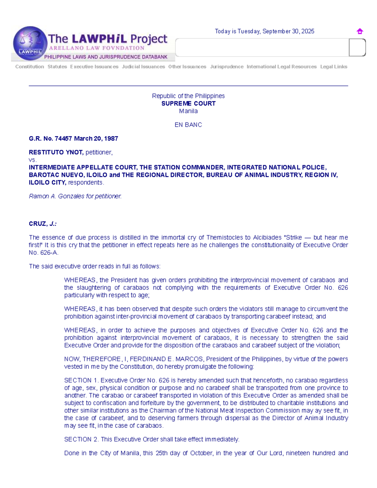 G.R. No. 74457 - Constitutional Challenge to Executive Order on Carabao ...