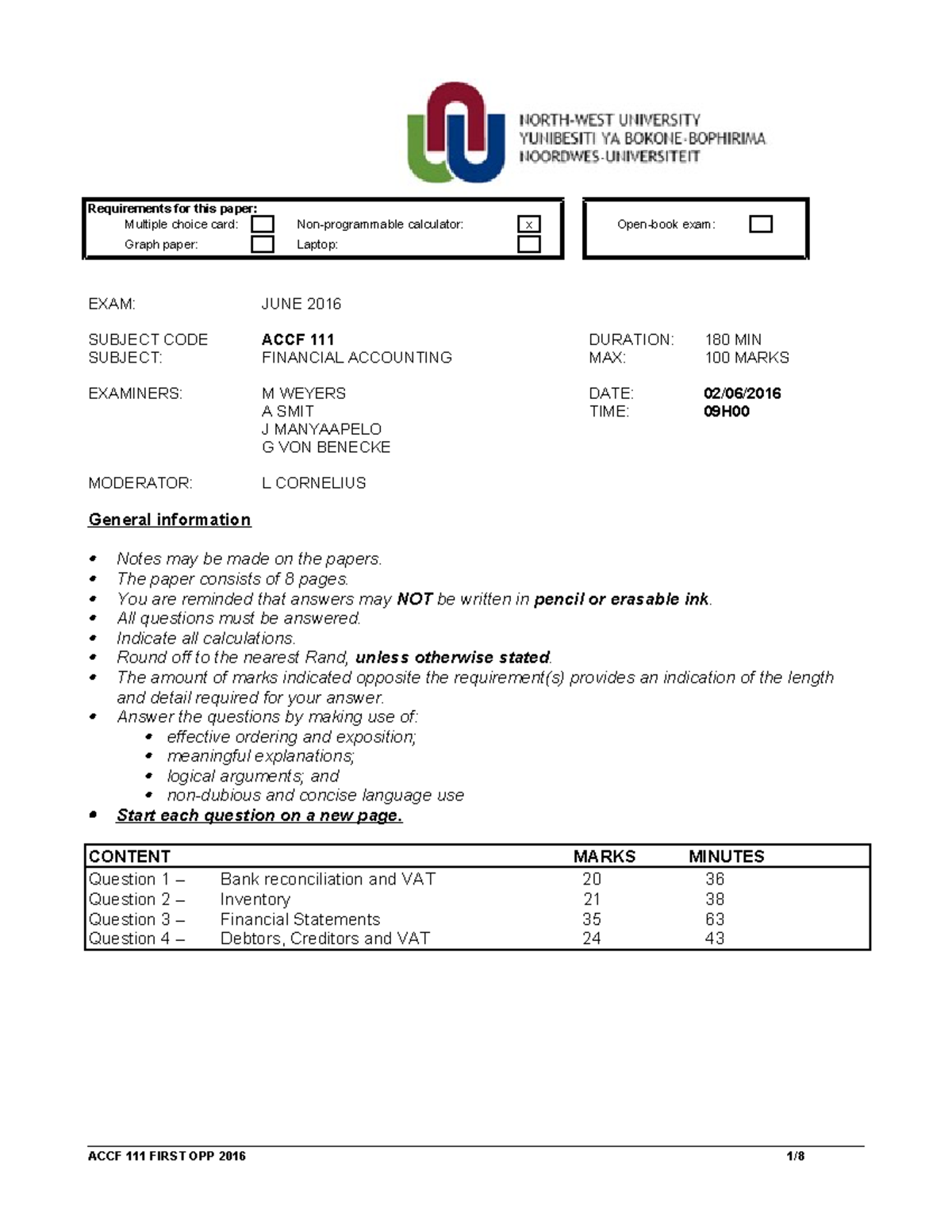 ACCF 111 2016 1st OPP Exam Guidelines and Content Overview - Studocu