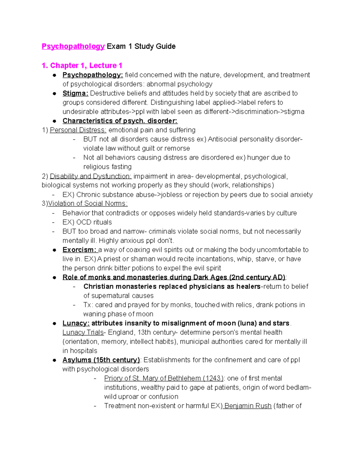 Psychopathology Exam 1 - Chapter 1, Lecture 1 Psychopathology: field ...