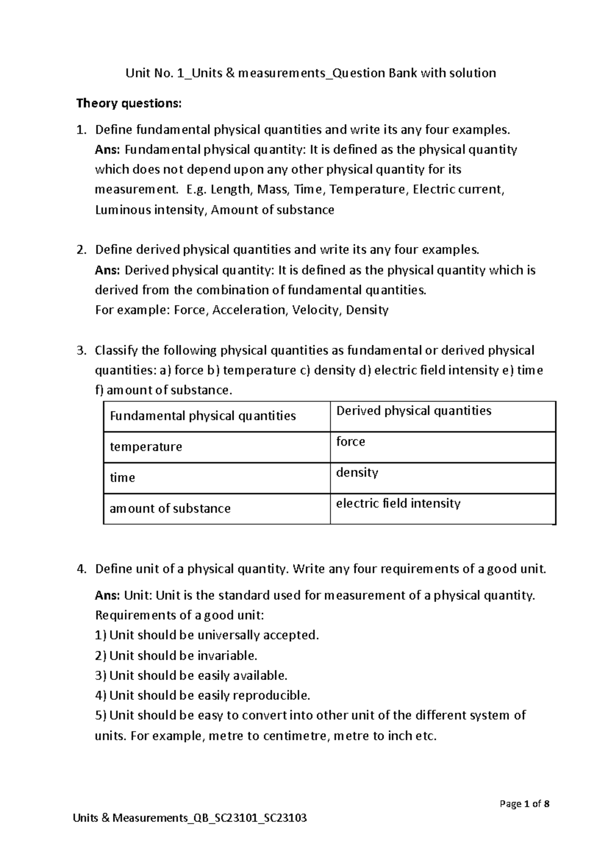 Unit 1: Units & Measurements - Question Bank with Solutions - Studocu