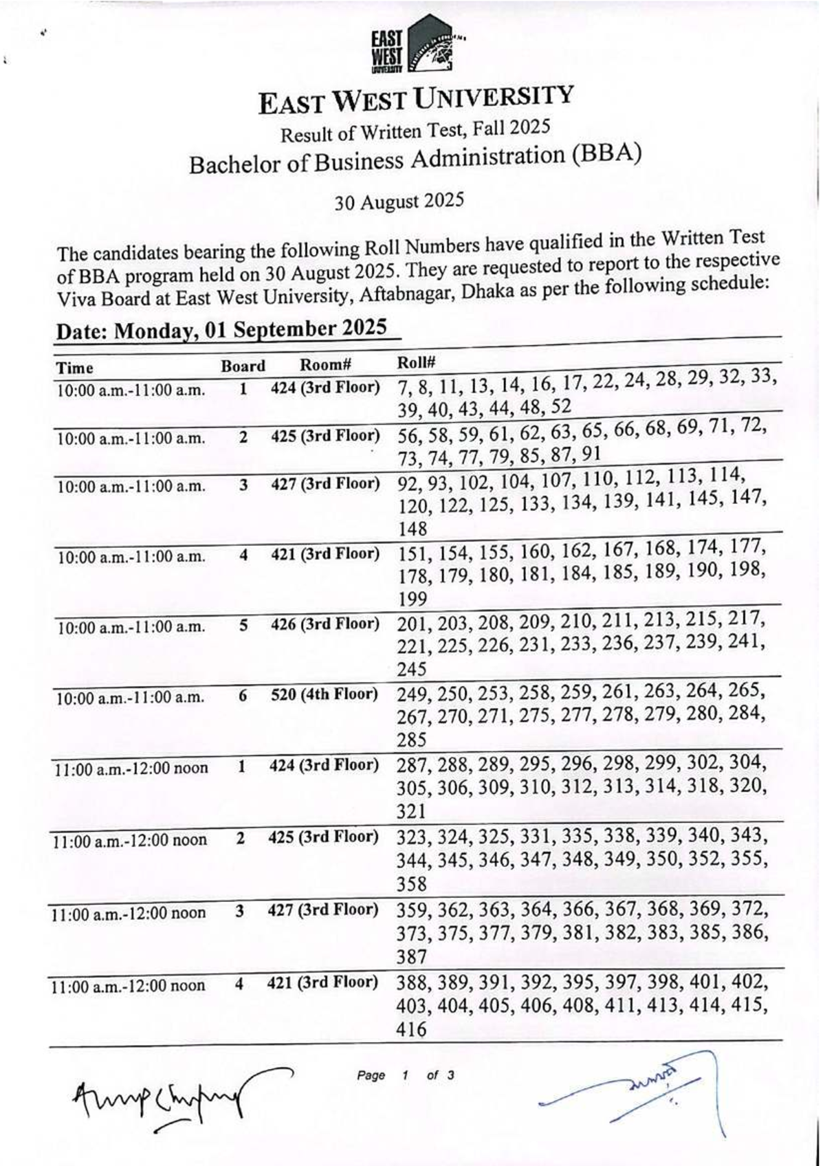 BBA Written Test Results - Fall 2025 at East West University - Studocu