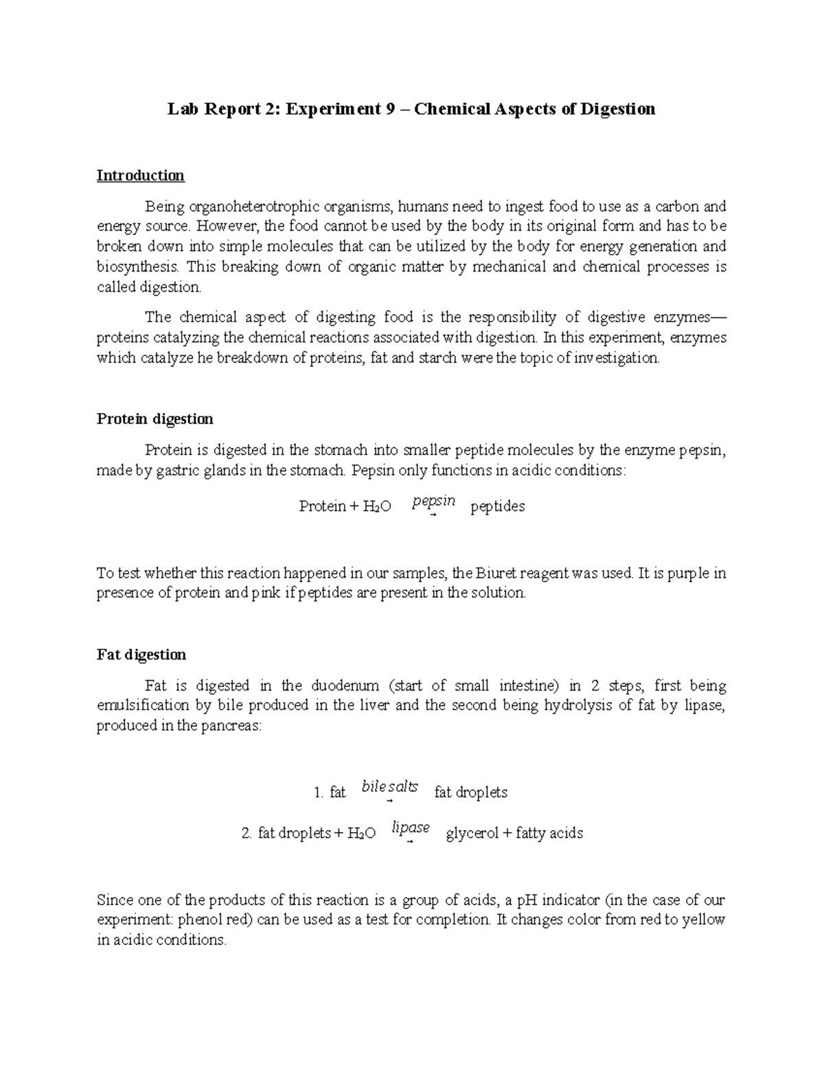 BIOL 117 Lab Report 2: Chemical Aspects of Human Digestion - Studocu