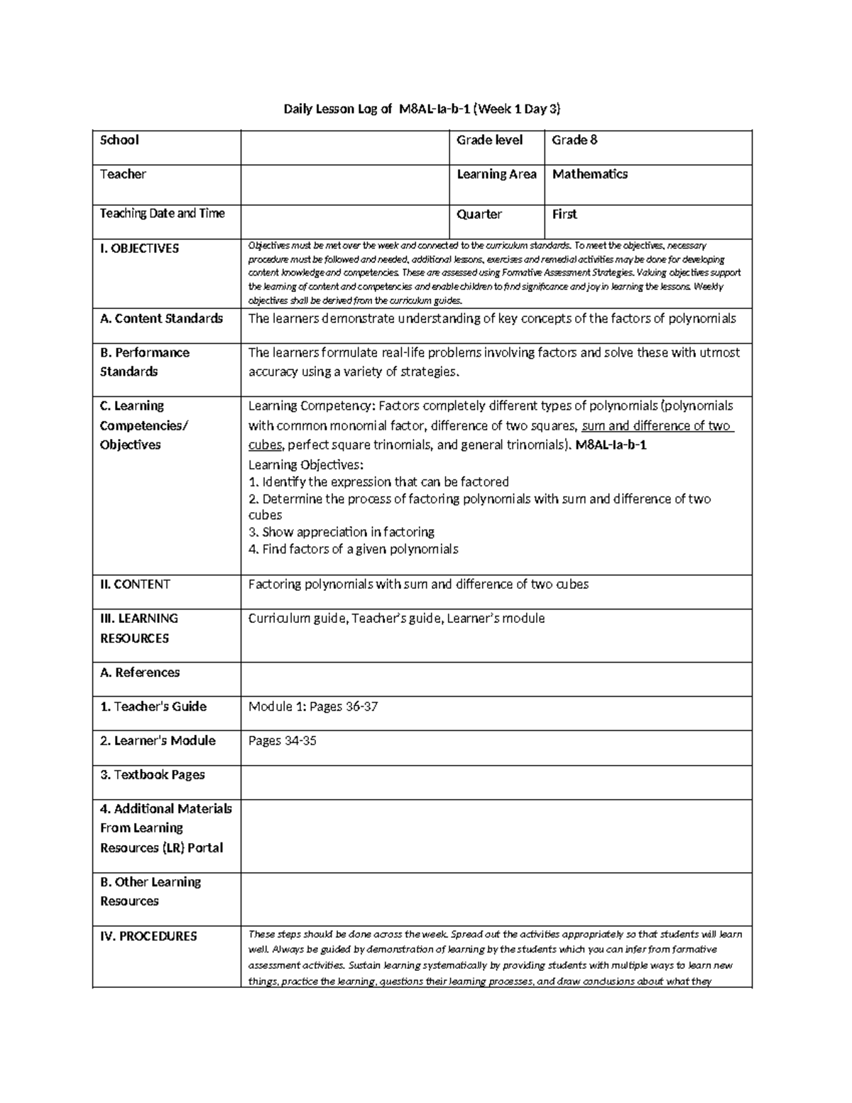 I-Day 3 - lesson plan - Daily Lesson Log of M8AL-Ia-b-1 (Week 1 Day 3 ...