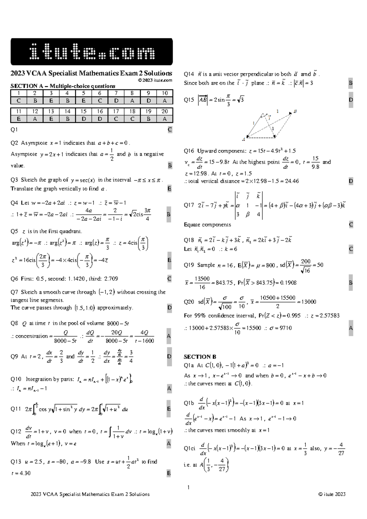 2023 VCAA Specialist Mathematics Exam 2 Solutions - Itute - Studocu