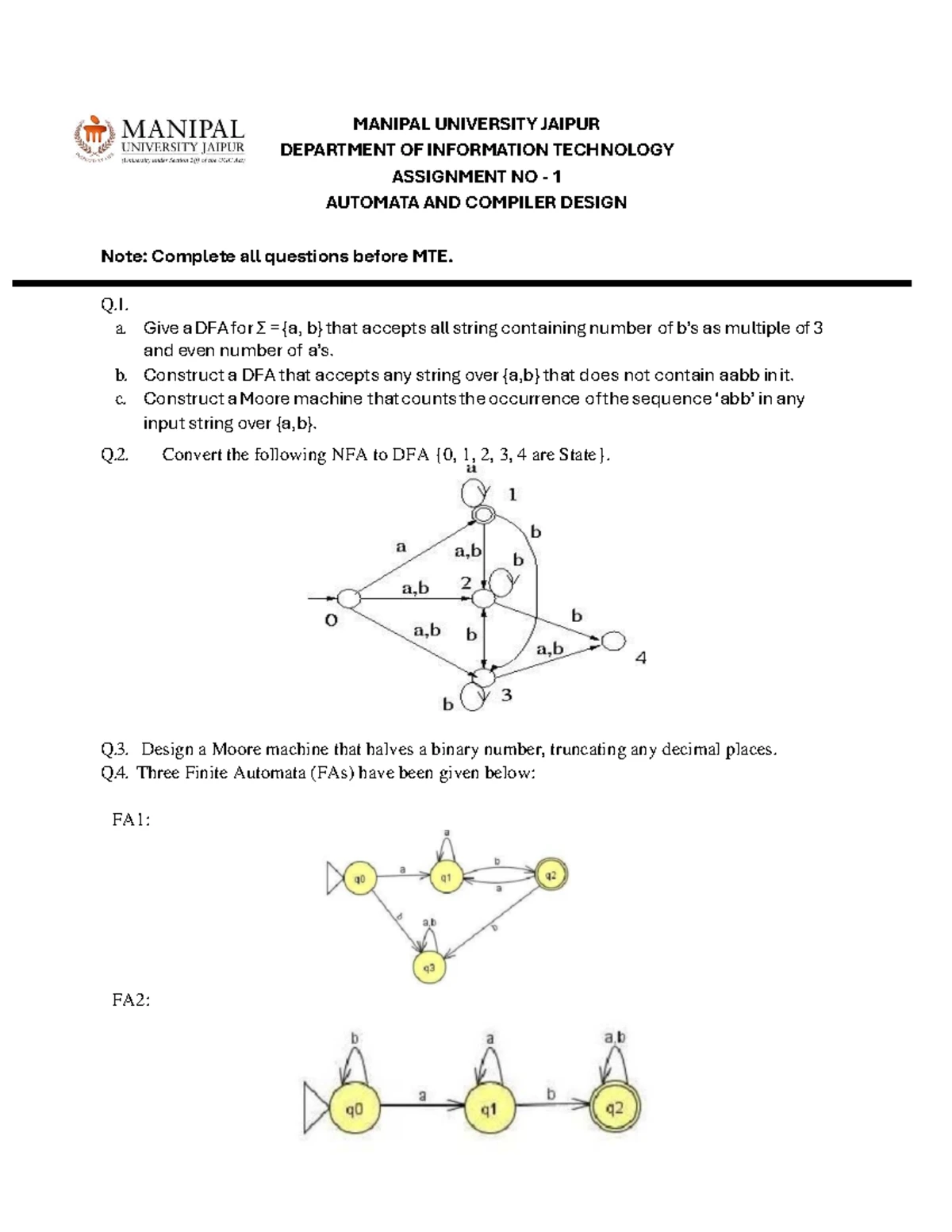 ACD Course Assignment - DEPARTMENT OF COMPUTER SCIENCE AND ENGINEERING ASSIGNMENT QUESTIONS ...