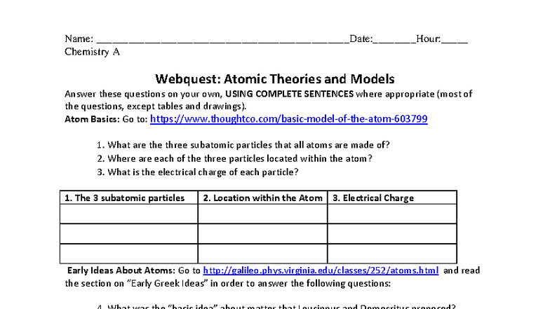 Chemistry A Webquest: Exploring Atomic Theories and Models - Studocu