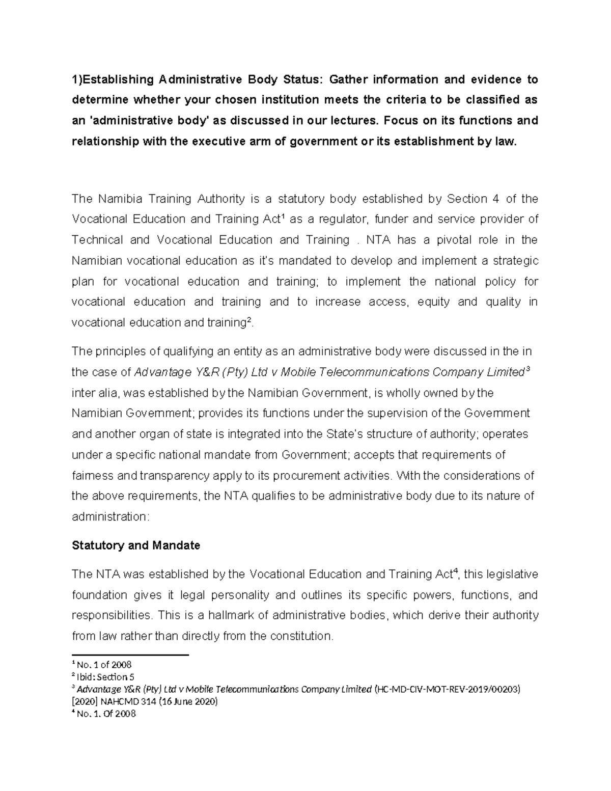 1) Administrative Body Status of the Namibia Training Authority: A ...