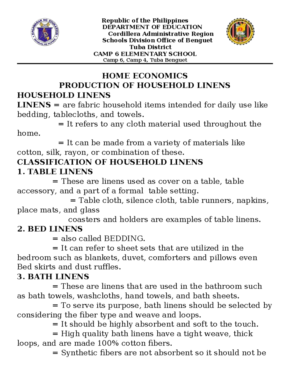 HE1 - Production of Household Linens: A Comprehensive Guide - Studocu