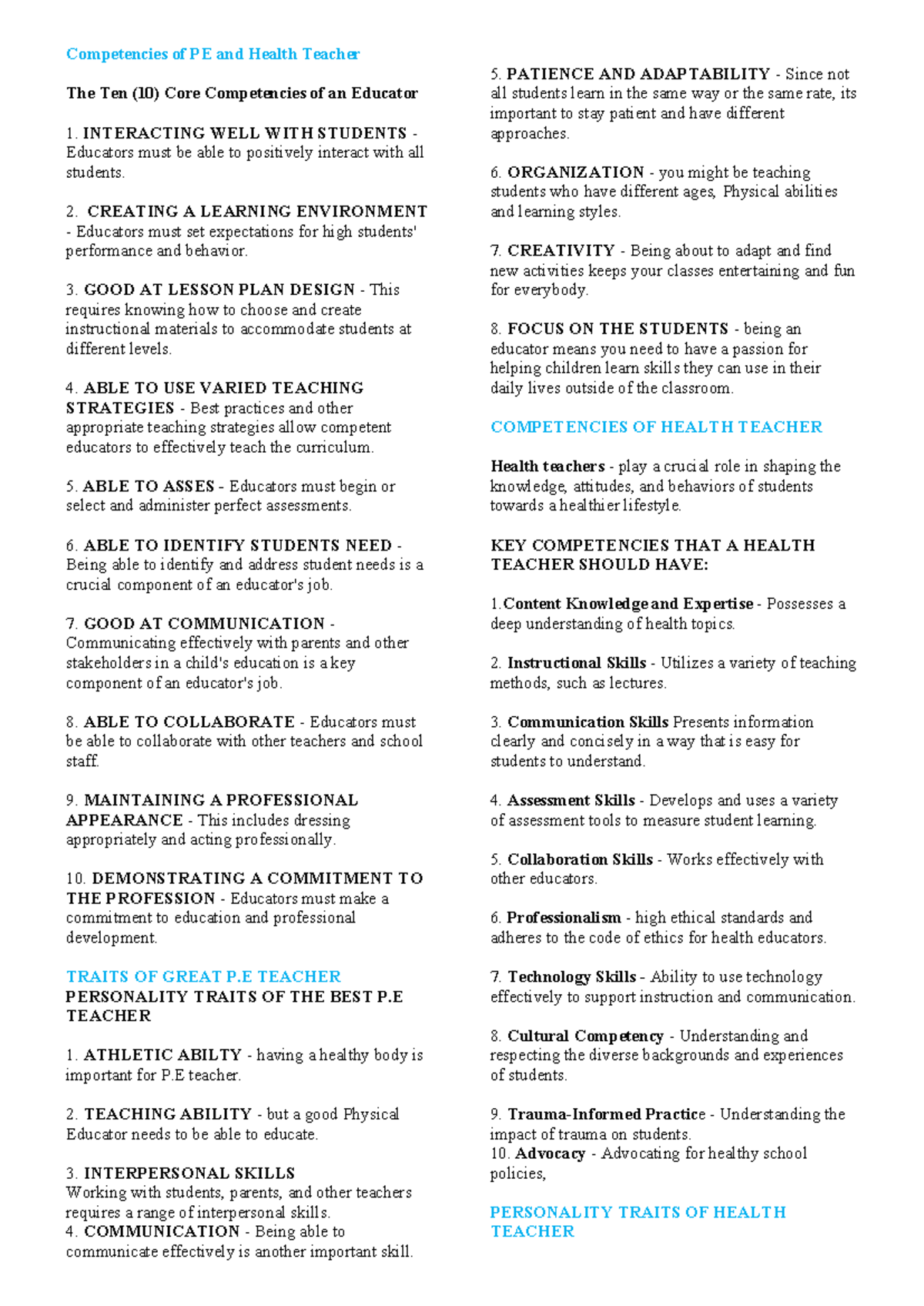 PE- Review of Key Competencies for Health and Physical Education - Studocu