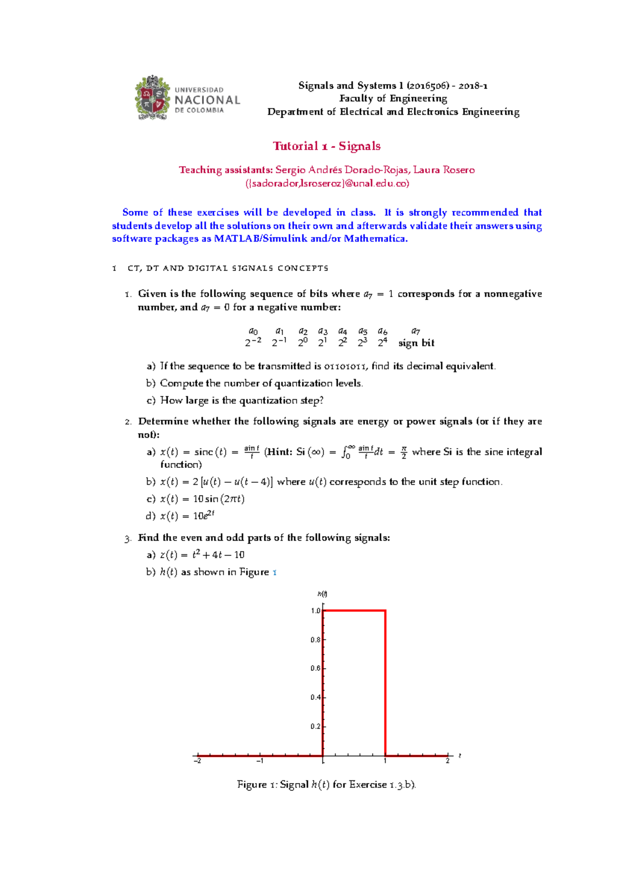 Tutorial 1 - Signals (Exercises) - Signals and Systems I ( 2016506 ...