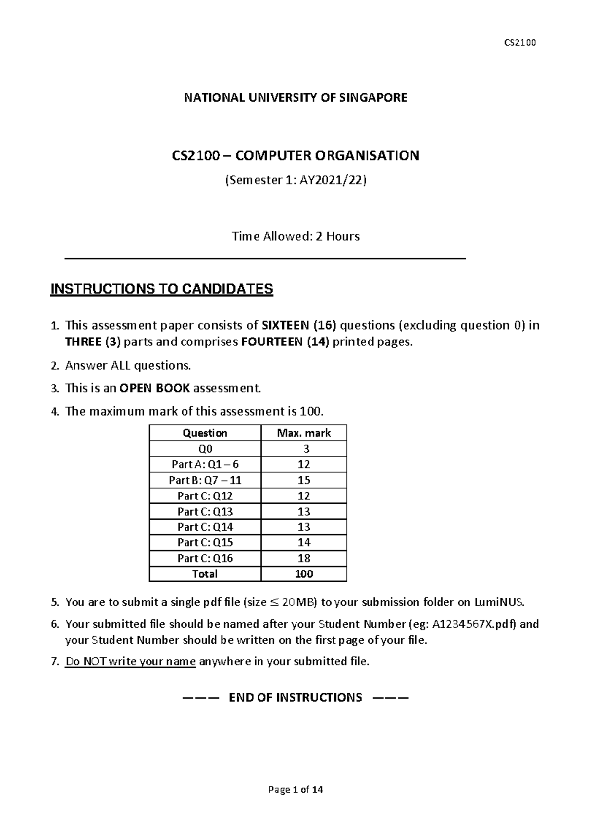 CS2100 Final Exam Questions - Computer Organisation (Semester 1) - Studocu