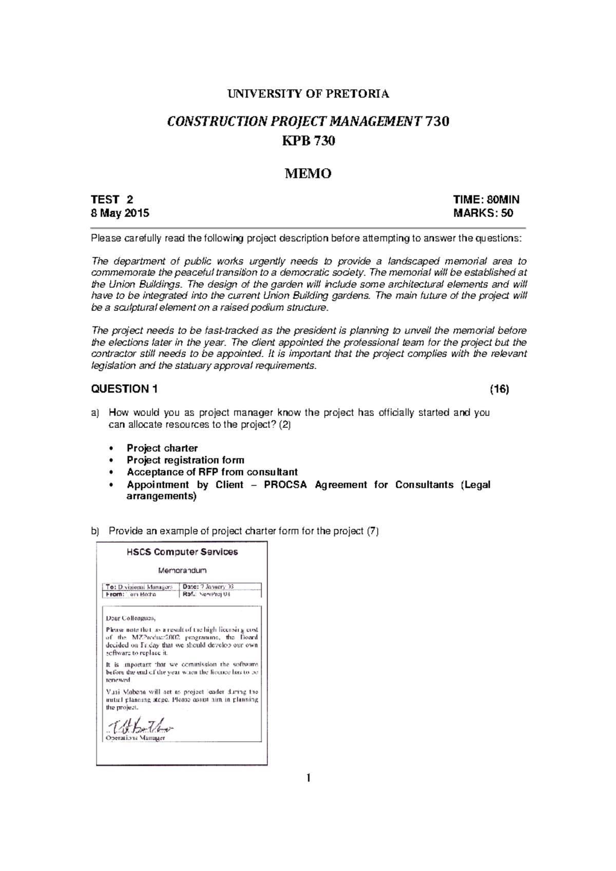 KPB 730 Test 2 Memo: Construction Project Management Insights (2015 ...