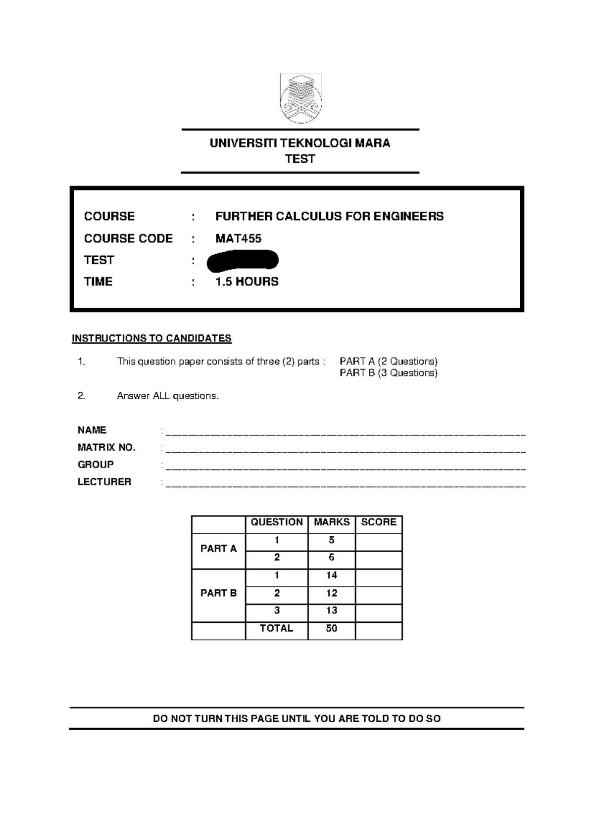 Sample Test for MAT455: Further Calculus for Engineers - May 2025 - Studocu