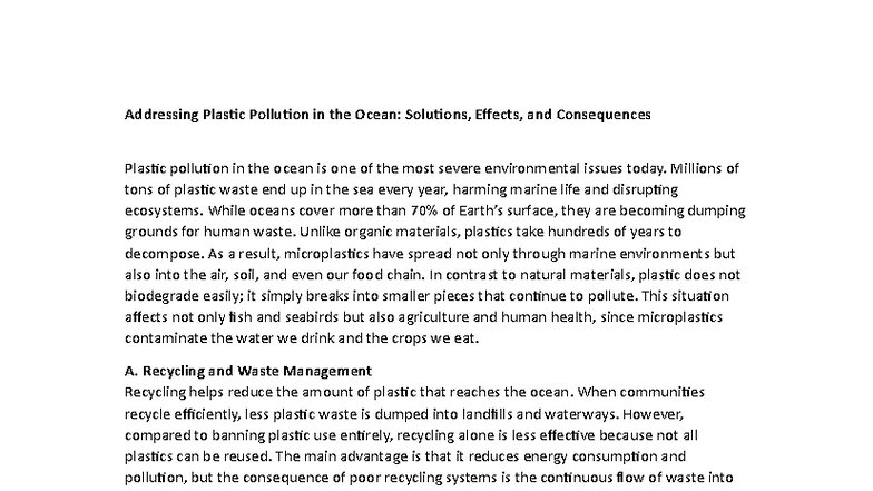 Addressing Ocean Plastic Pollution: Solutions & Consequences - Studocu