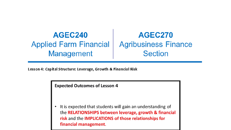 AGEC240 Lesson 4: Capital Structure, Leverage & Financial Risk - Studocu