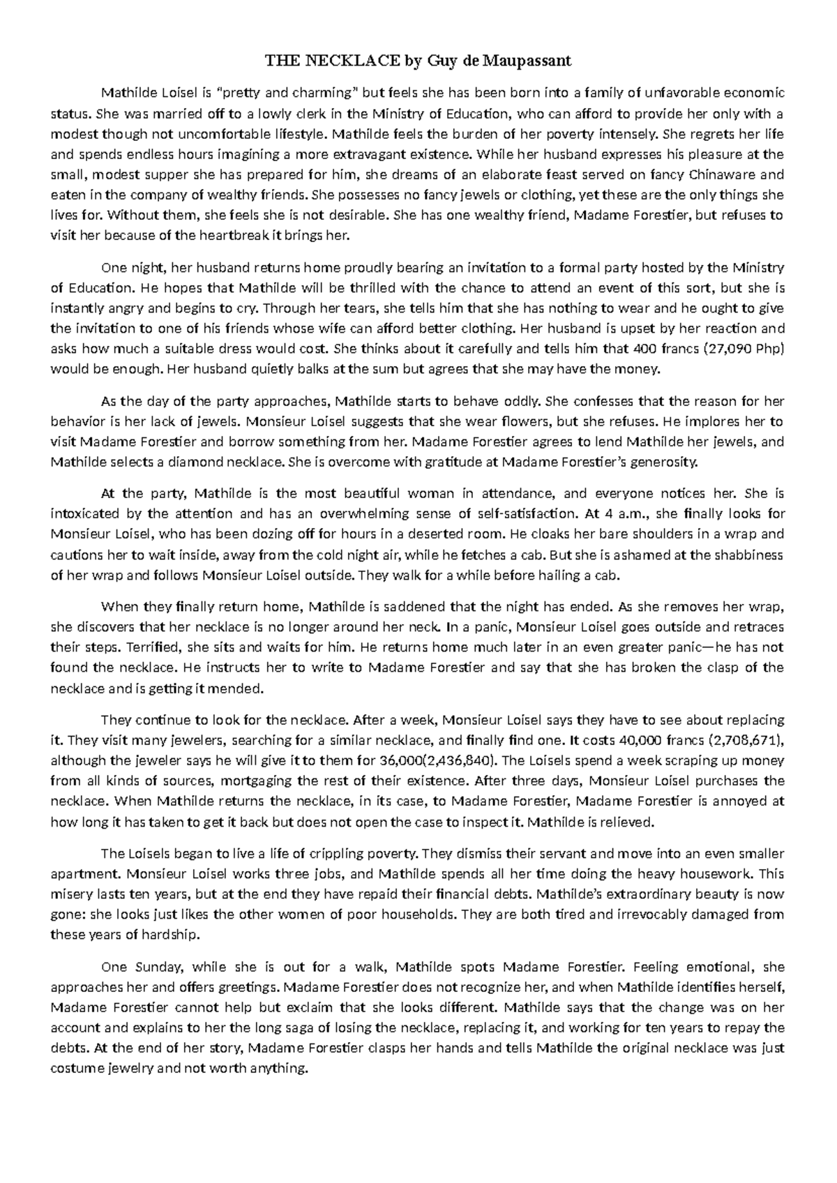 Analysis of "The Necklace" by Guy de Maupassant: Themes & Lessons - Studocu