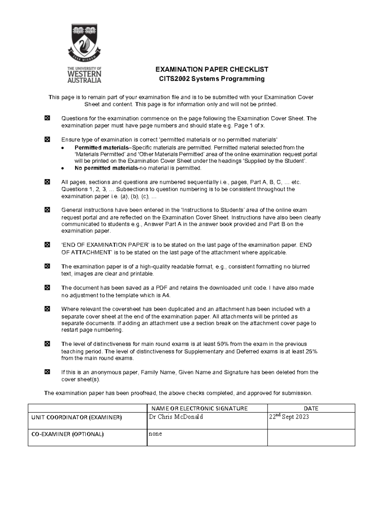 CITS2002 Systems Programming 2023 Exam Paper Checklist - Studocu