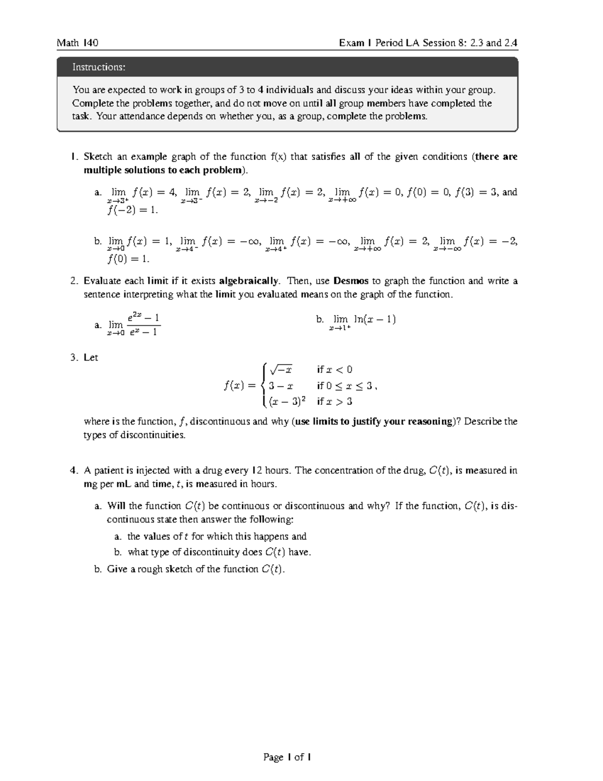 Math 140 Exam 1: Group Work on Limits and Discontinuities - Studocu