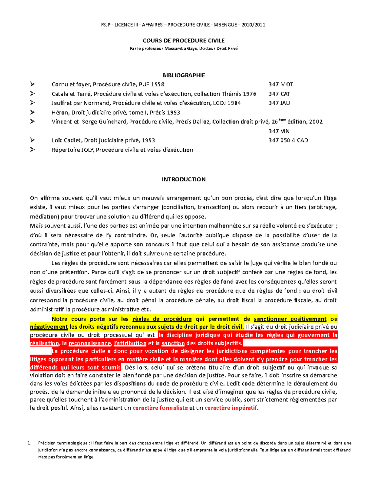 Cours de Procédure Civile - Prof. Massamba Gaye (Ob 9d6a30d33034) - Studocu