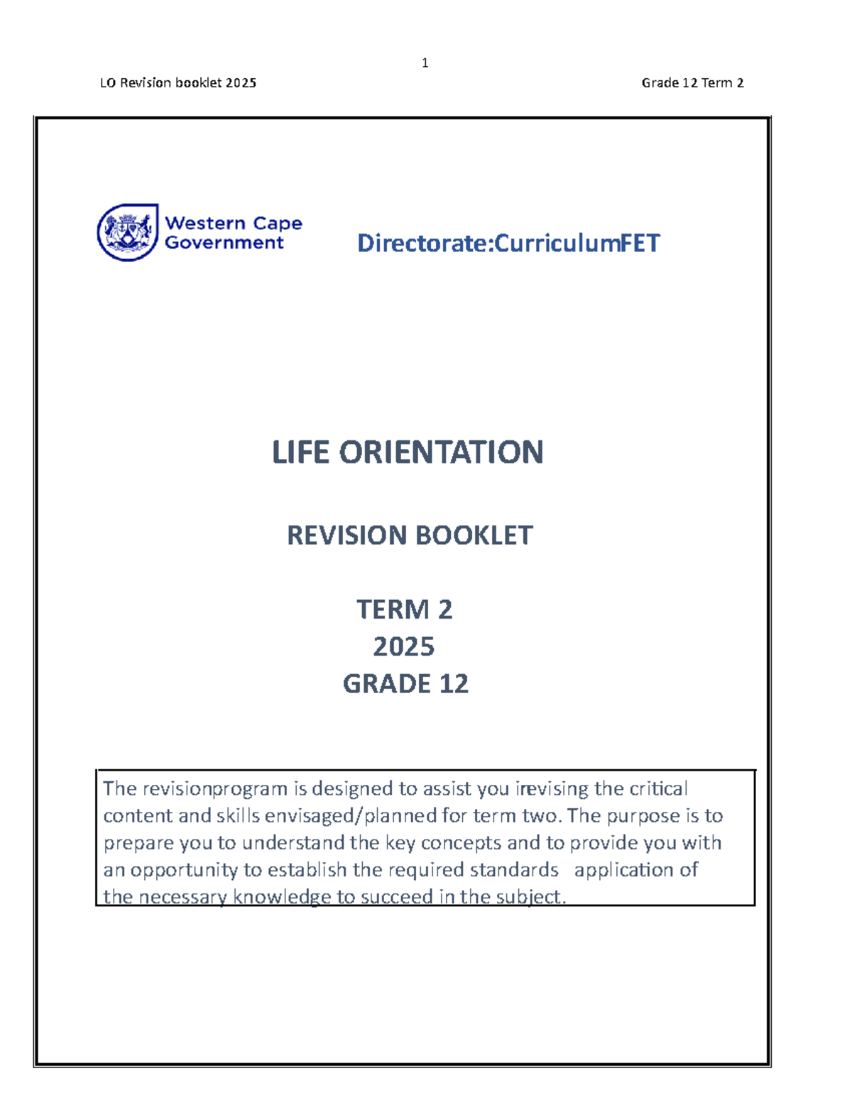 LO Revision Booklet 2025 Gr 12 Term 2: Key Concepts in Life Orientation ...
