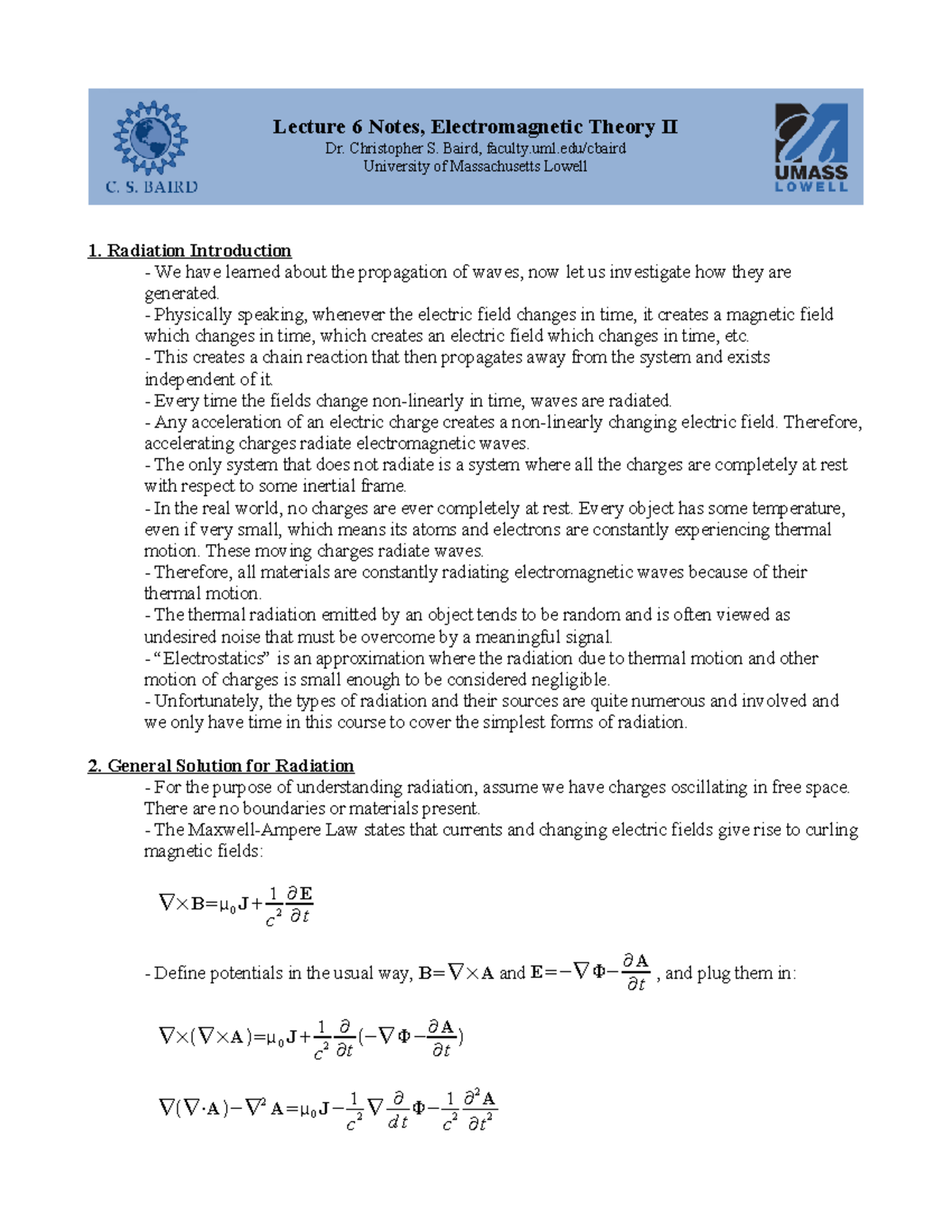 Lecture 6 Notes: Radiation and Electromagnetic Waves - EM Theory II ...