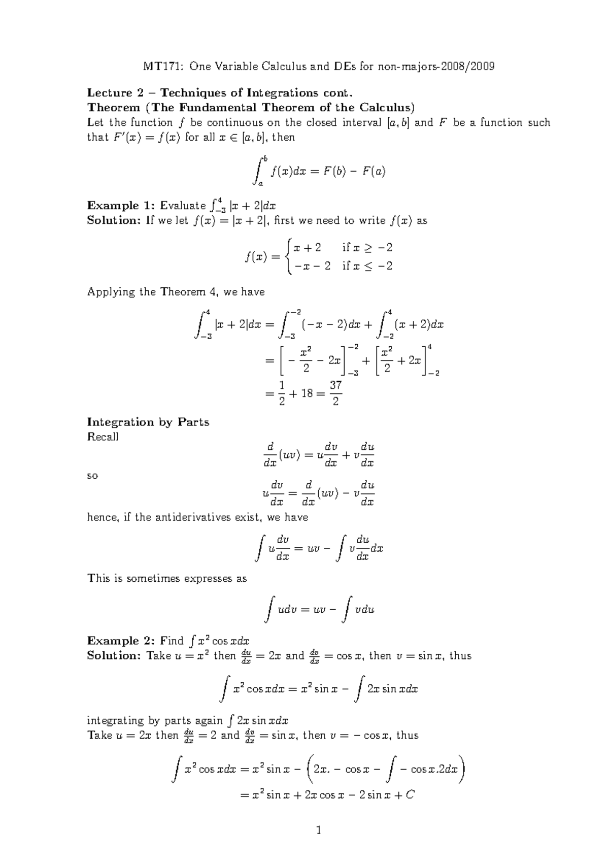 MT171: One Variable Calculus Lecture 2 - Integration Techniques Notes ...