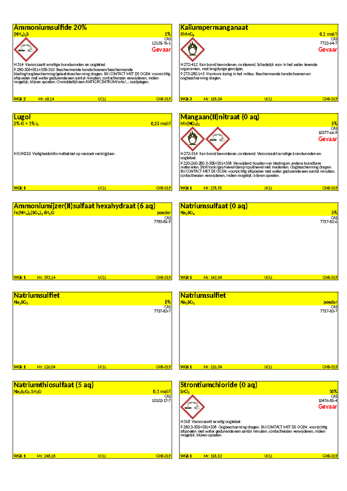 Etiketten Lab 4: Gevaren en Veiligheidsinformatie van Chemische Stoffen ...