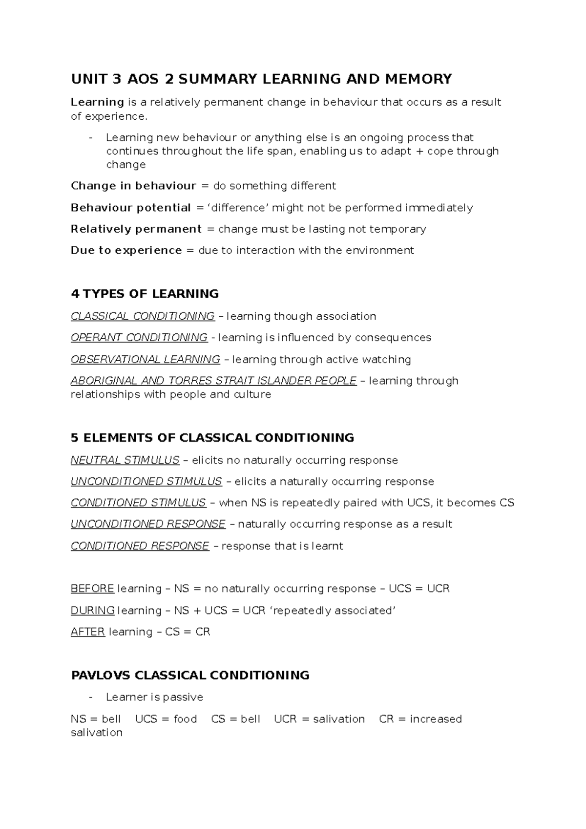 U3 AOS 2 Summary: Learning and Memory Concepts - Studocu