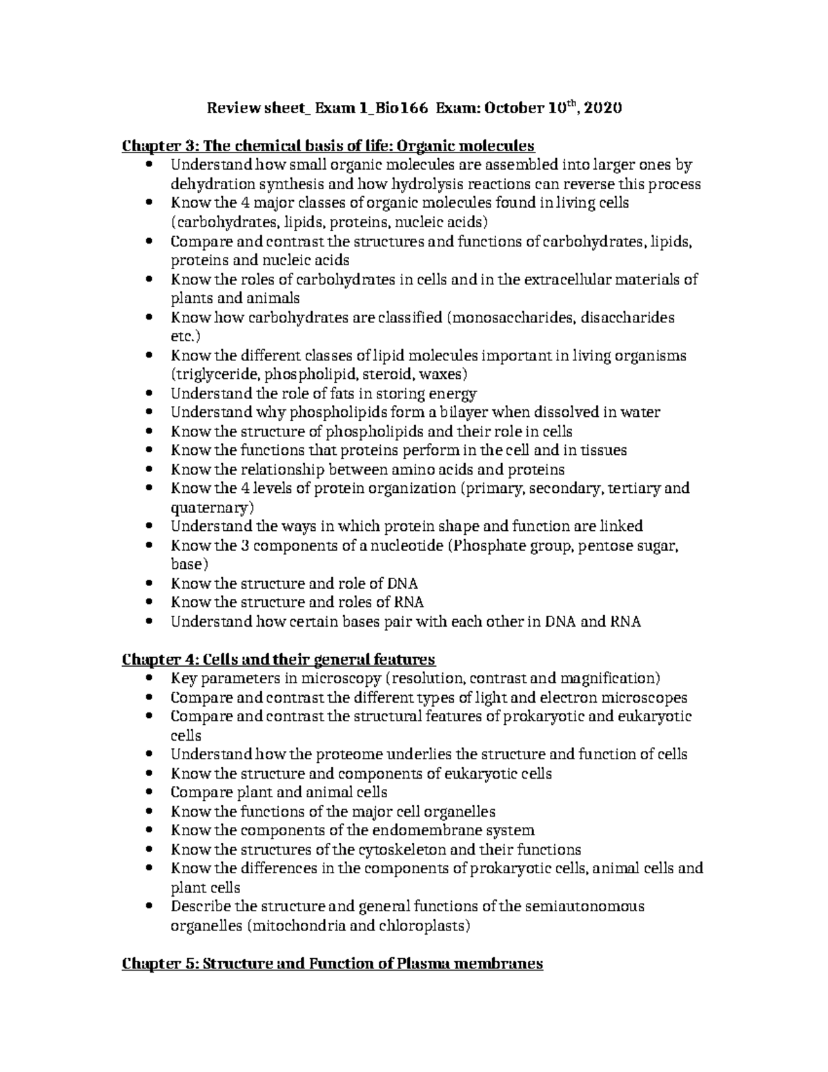 Review Sheet: BIO166 Exam 1 - Organic Molecules & Cell Structure - Studocu