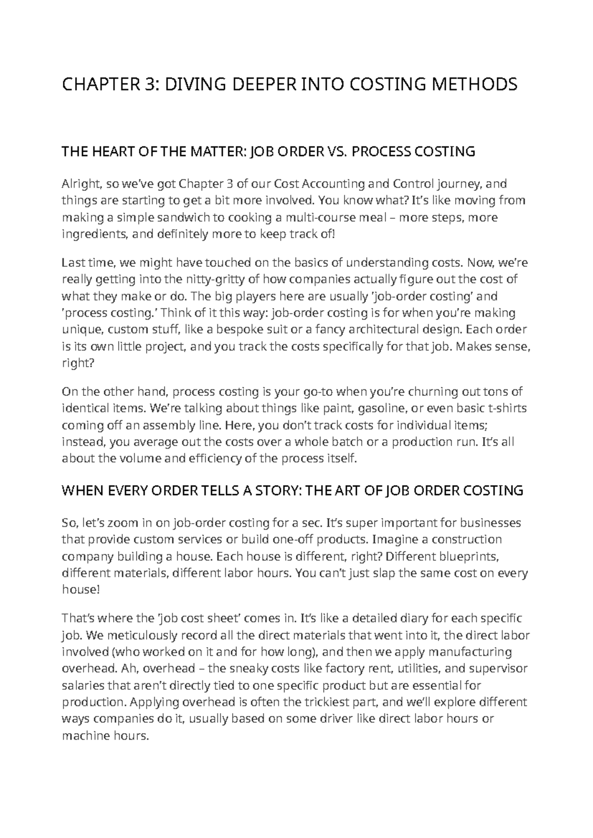Cost Accounting & Control: Chapter 3 - Job Order vs. Process Costing - Studocu