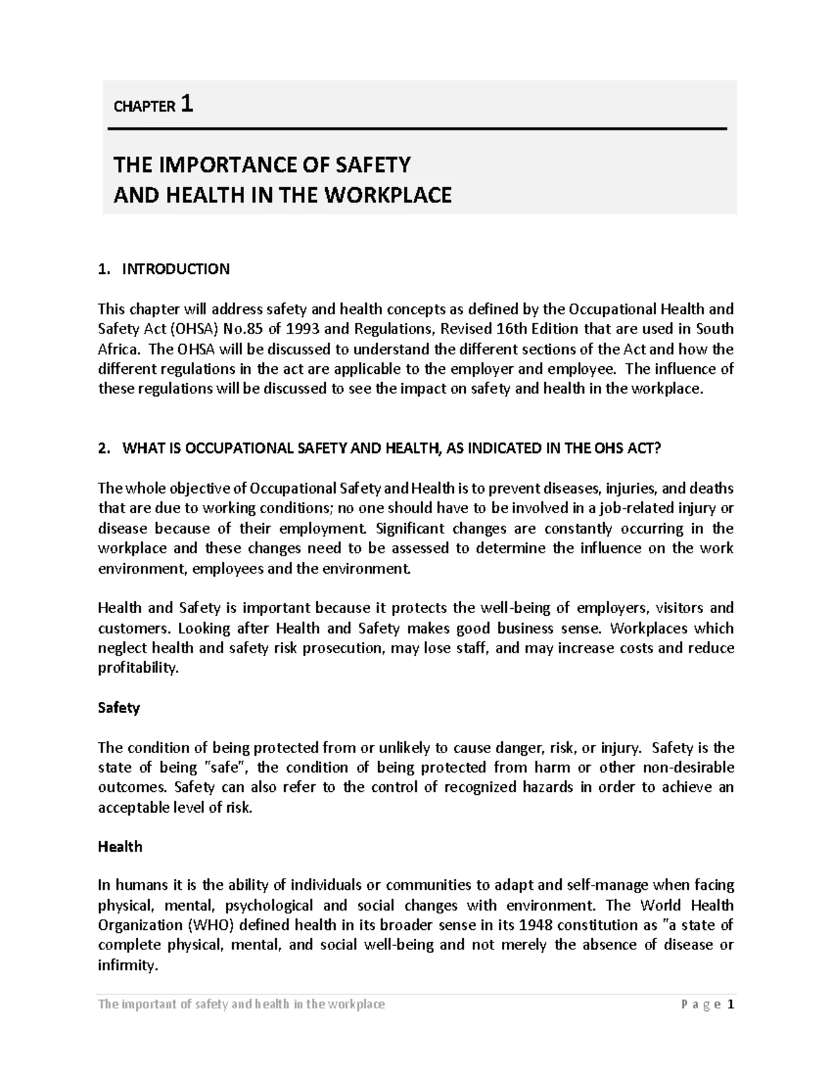 Safety and Health Principles: Chapter 1 Overview (OHSA No.85) - Studocu