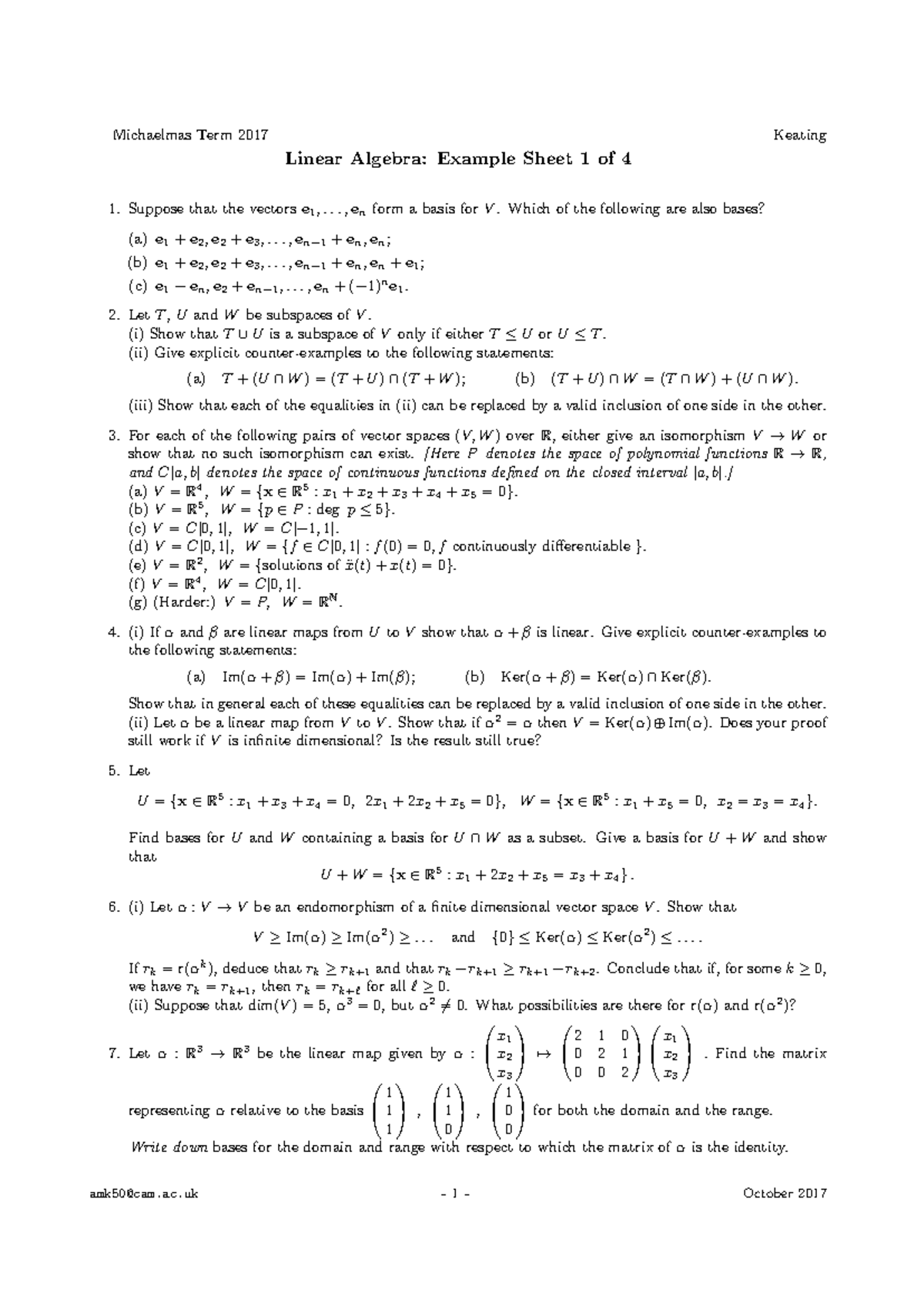 Linear Algebra 2017-2018 Example Sheet 1 - Michaelmas Term 2017 Keating ...