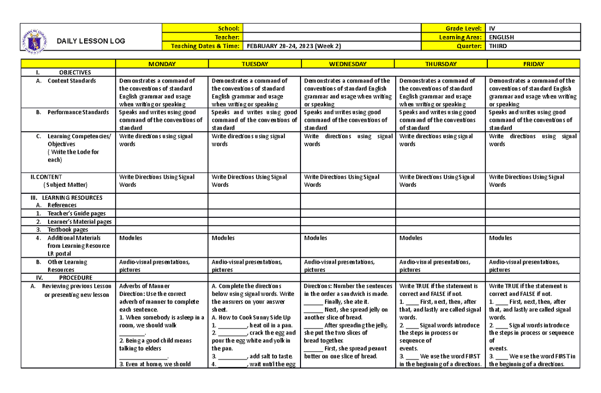 DLL English-4 Q3 W2 Lesson Log: Writing Directions Using Signal Words ...
