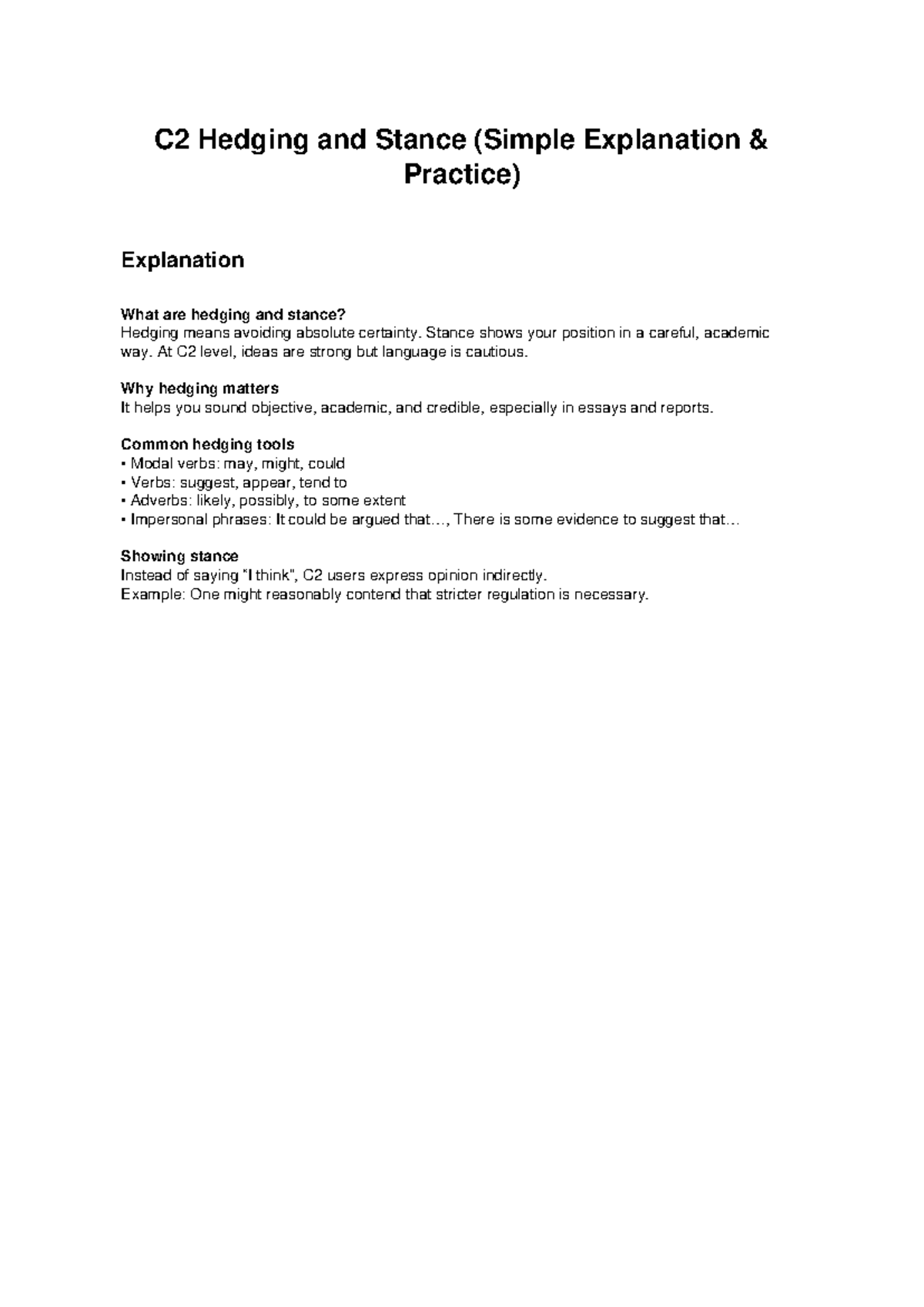 C2 Hedging and Stance: Simple Explanation & Practice Exercises - Studocu