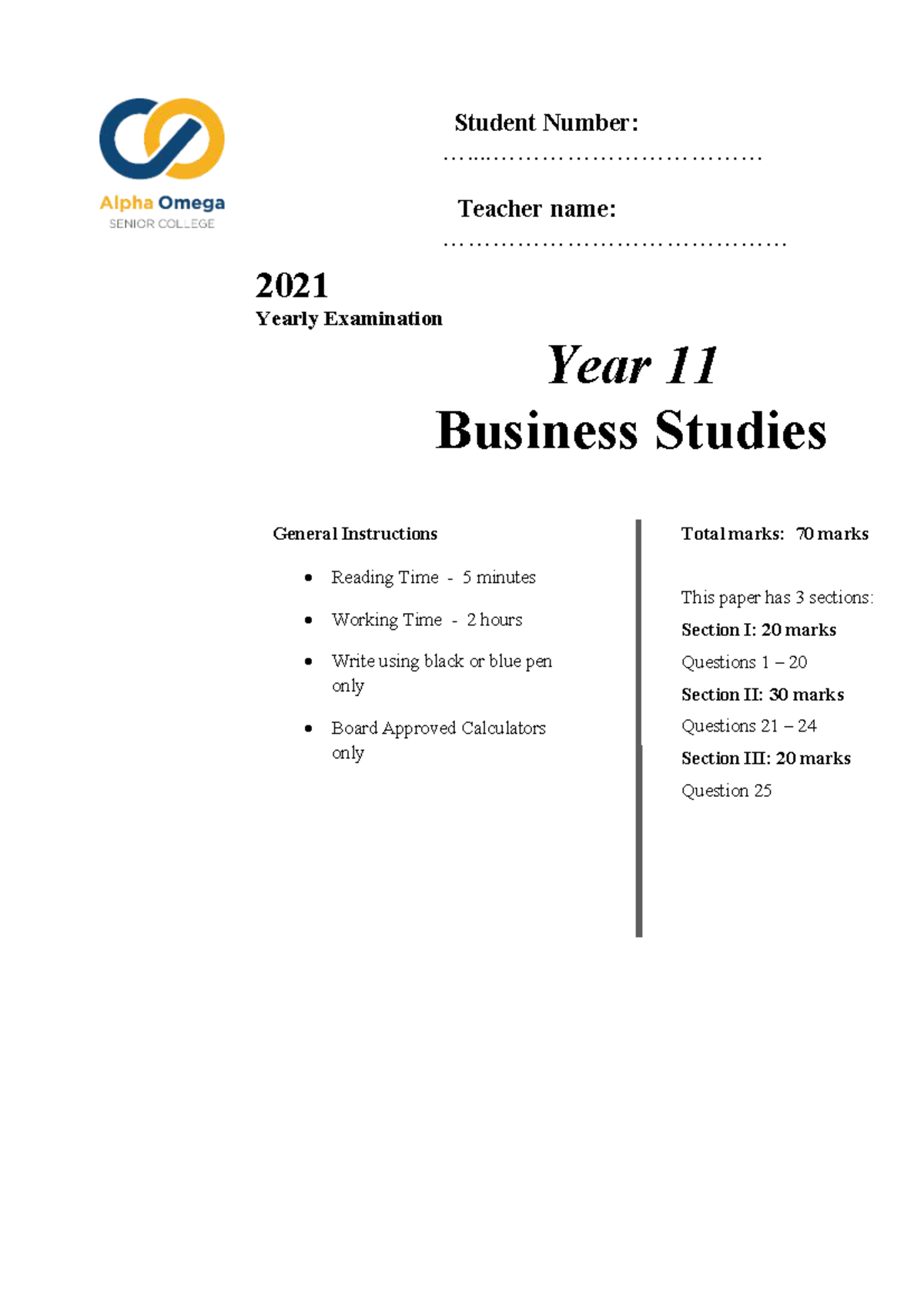 Year 11 Business Studies 2021 Yearly Exam (Total Marks: 70) - Studocu