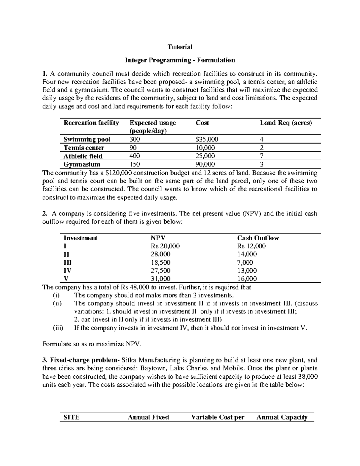 Integer Programming Tutorial: Formulation for Facility and Investment ...