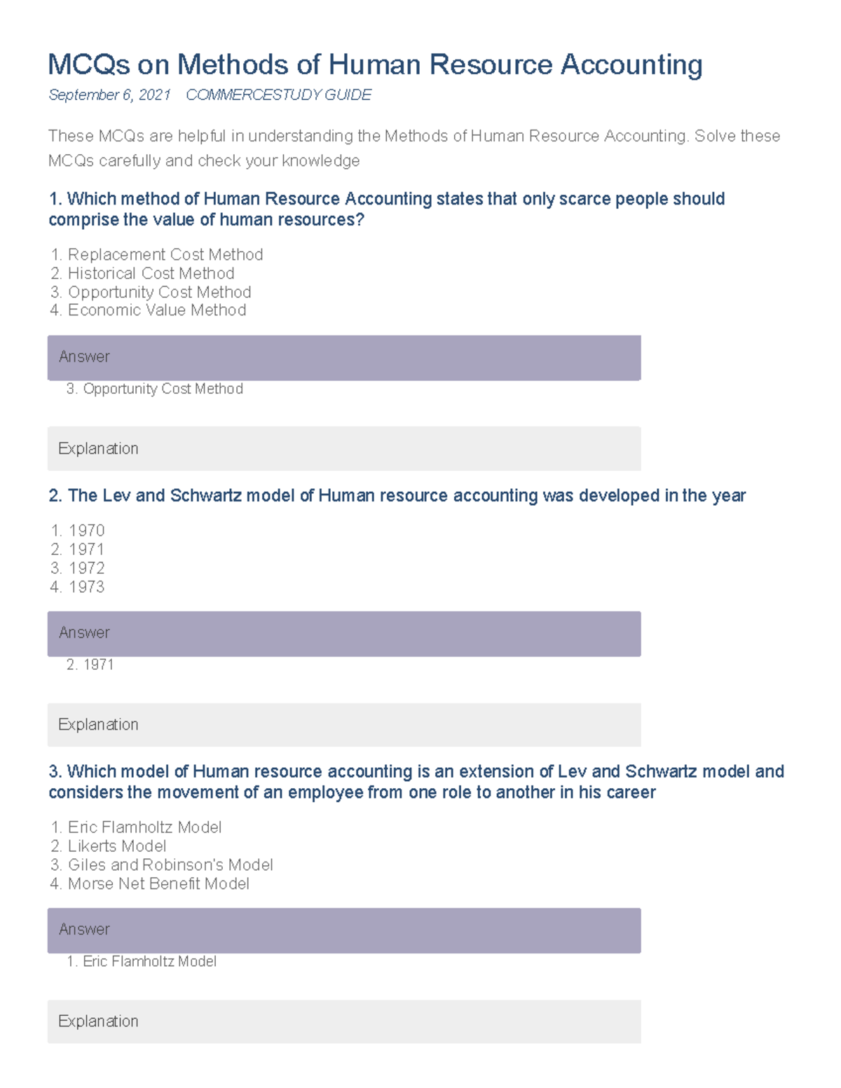MCQs on Human Resource Accounting Methods – COM6101 Study Guide - Studocu