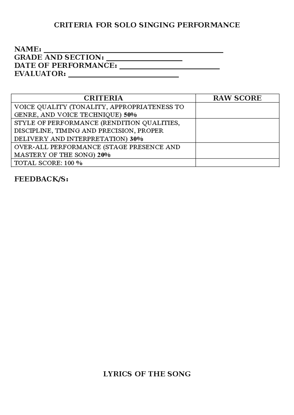 Criteria for Solo Singing Performance Evaluation - Studocu
