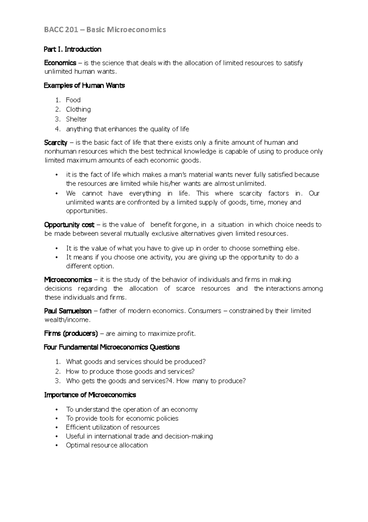 Lesson 1: Intro to Basic Microeconomics - BACC 201 - Studocu