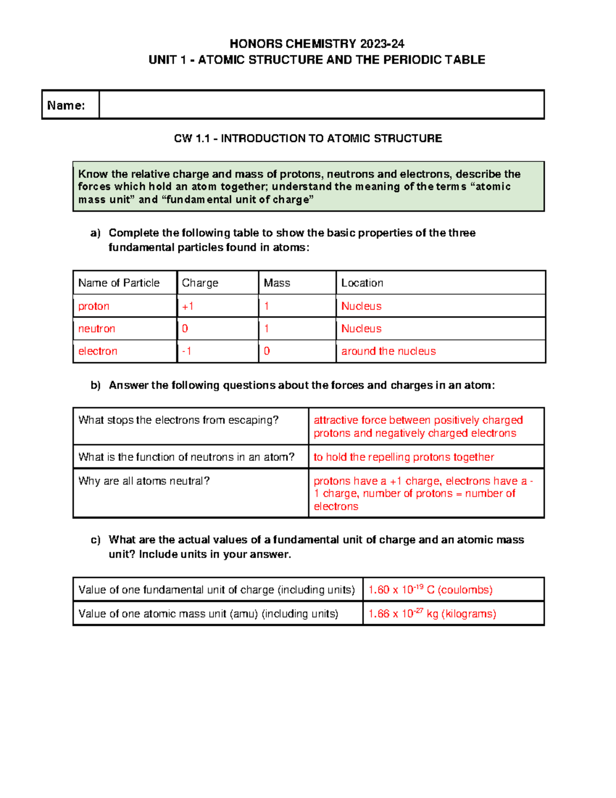 CW 1.1 Introduction to Atomic Structure - HONORS CHEMISTRY 2023- 24 ...
