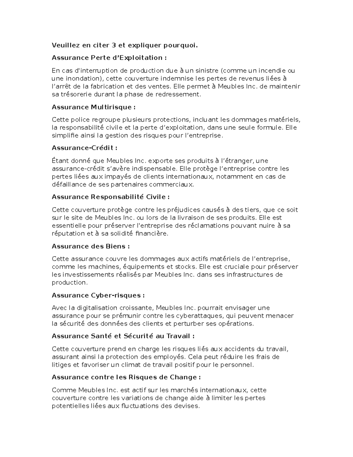 Question 3 problème 1 - aide différents types d'assurance - Veuillez en ...