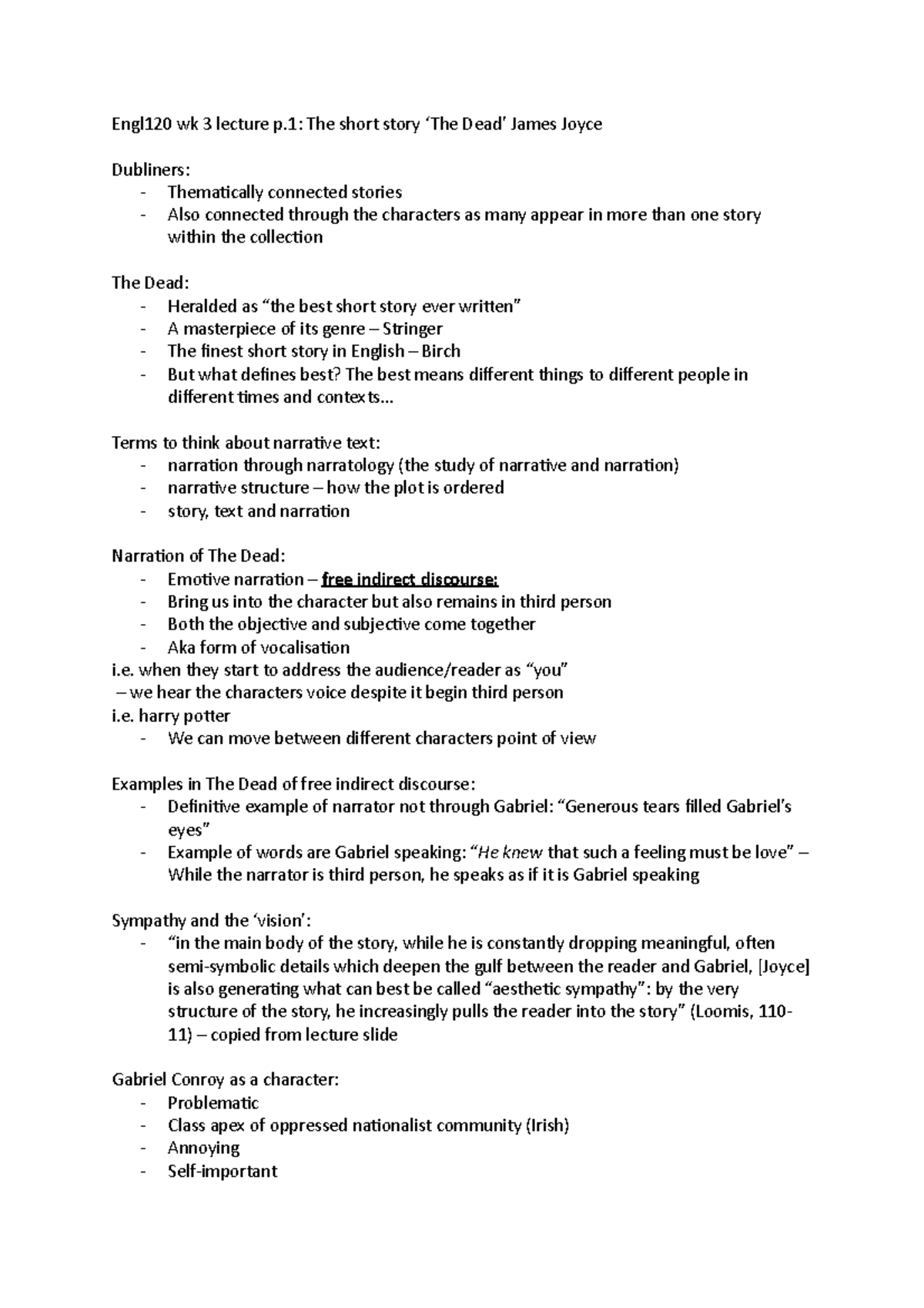 Engl120 WK 3 Lecture Notes: Analyzing 'The Dead' by James Joyce - Studocu