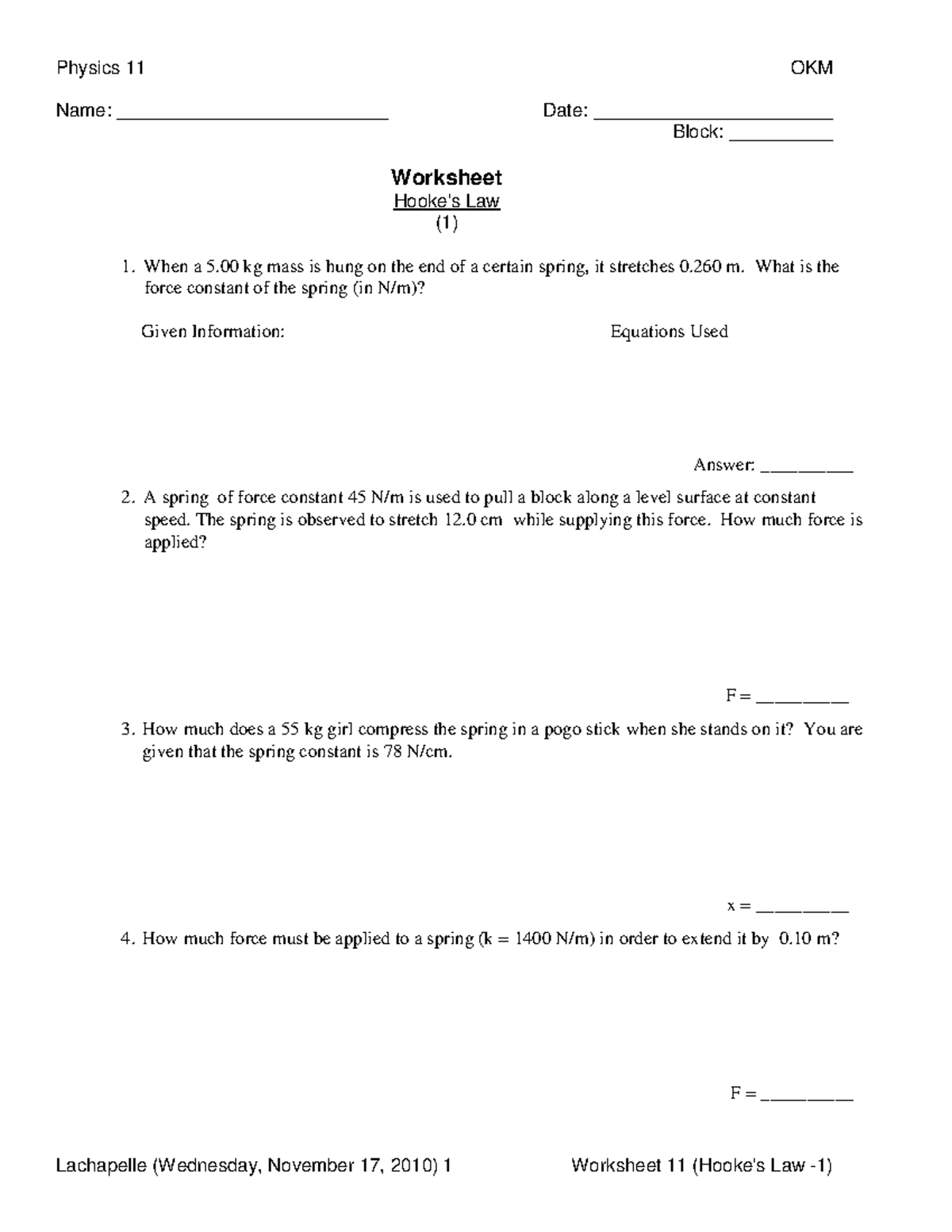 Physics 11: Hooke's Law Practice Worksheet - Studocu