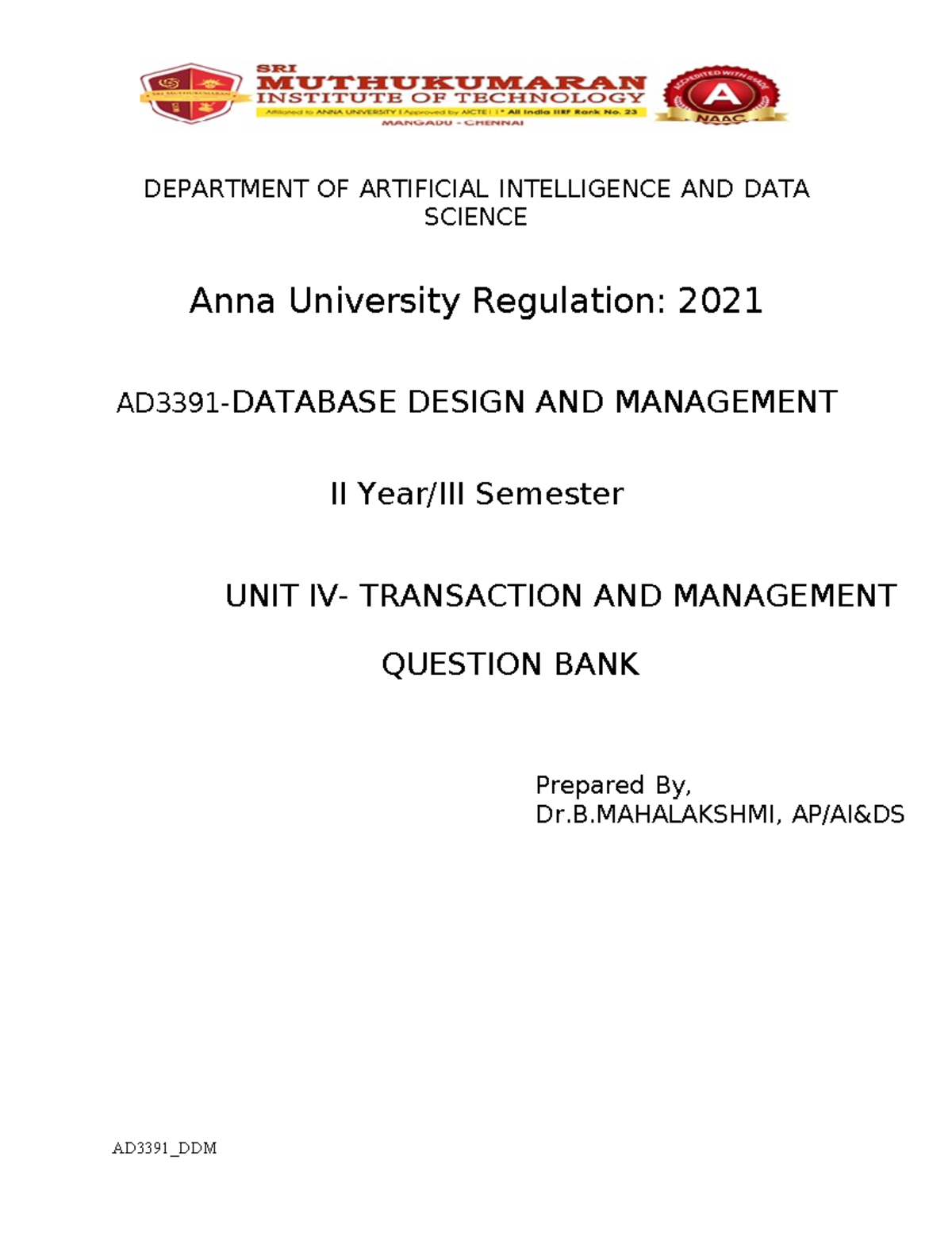III AI-DS AD3391 DDM Question Bank: Unit 4 - Transaction Management - Studocu