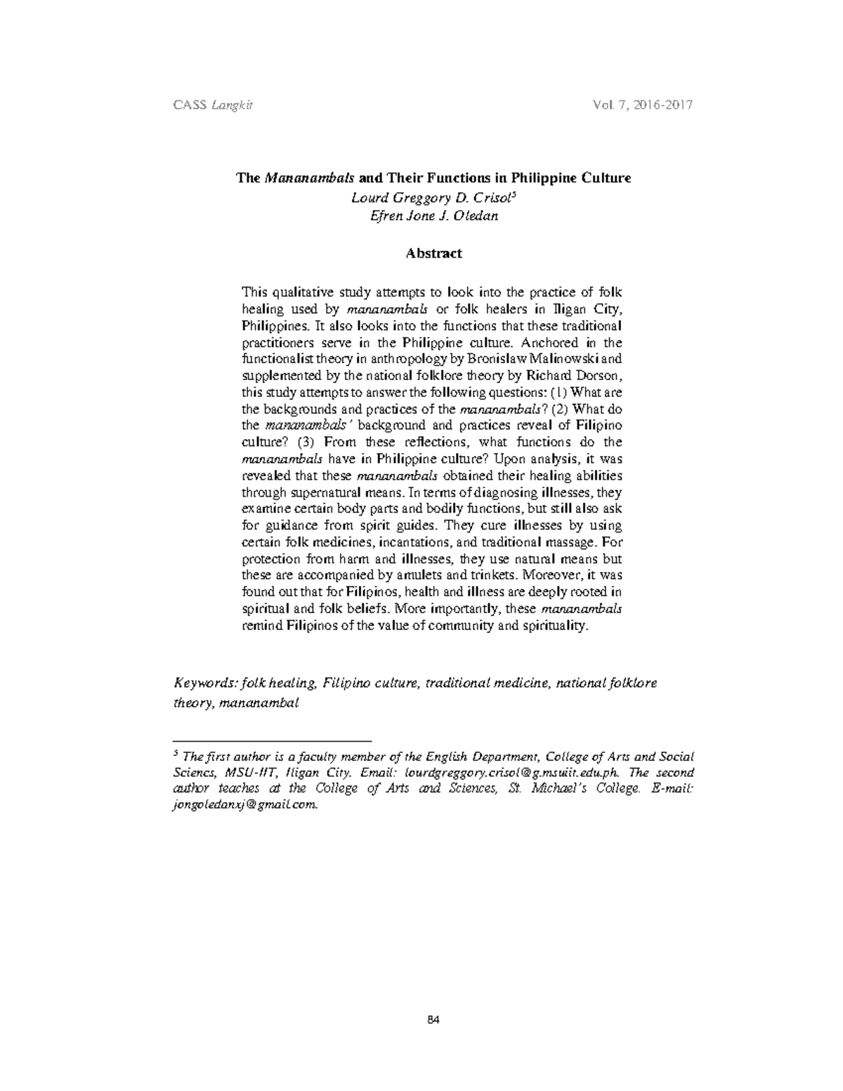 Functions of Mananambals in Philippine Folk Healing Culture (Anthro 101 ...