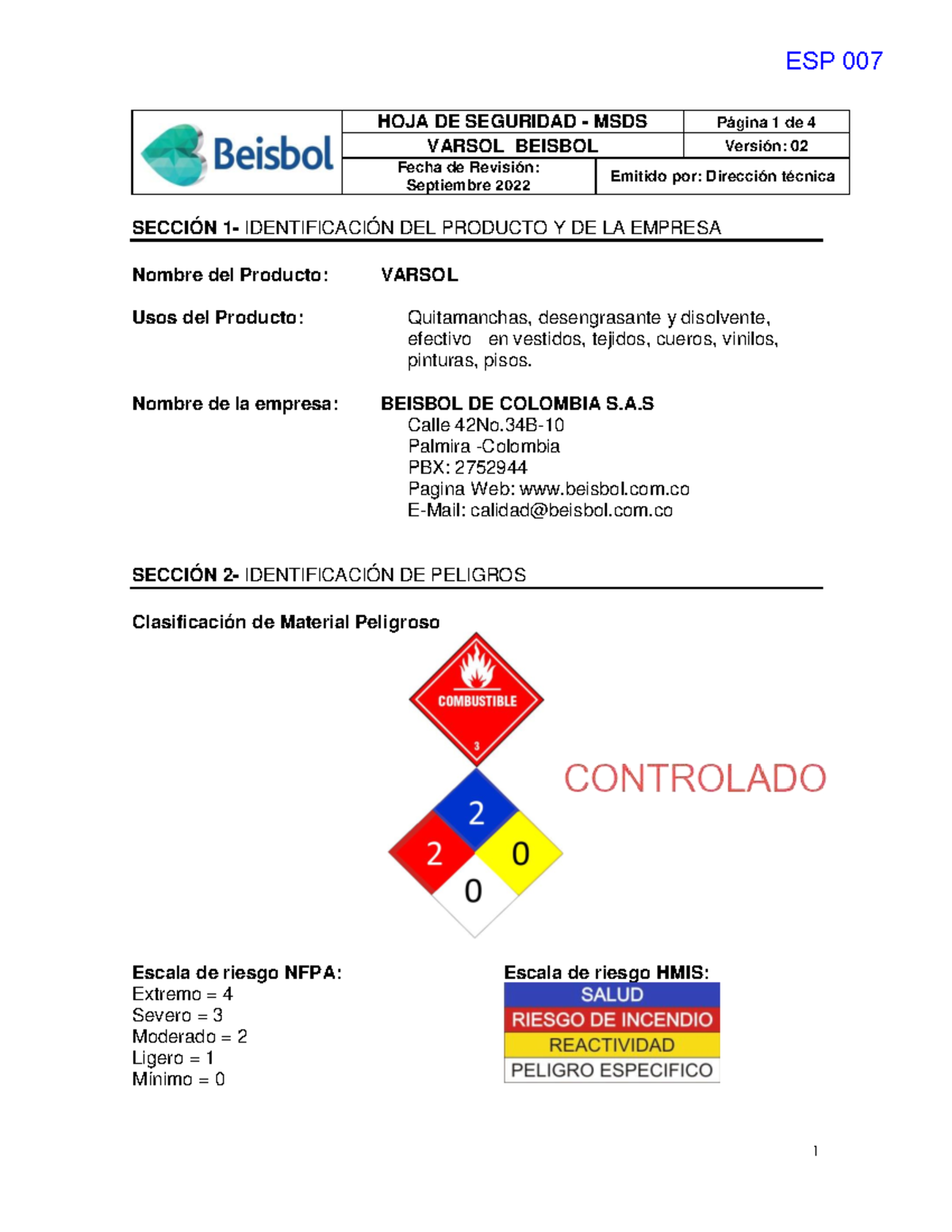 HOJA DE SEGURIDAD - MSDS VARSOL BEISBOL ESP-007 - Studocu