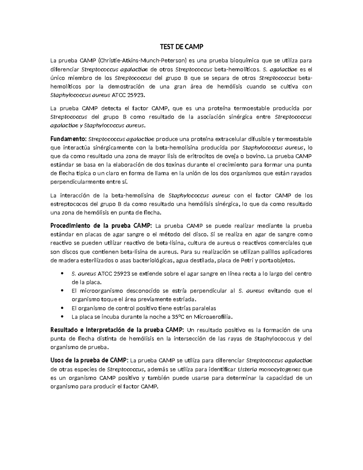 Técnica y Procedimiento del Test de CAMP en Bacterias - Studocu