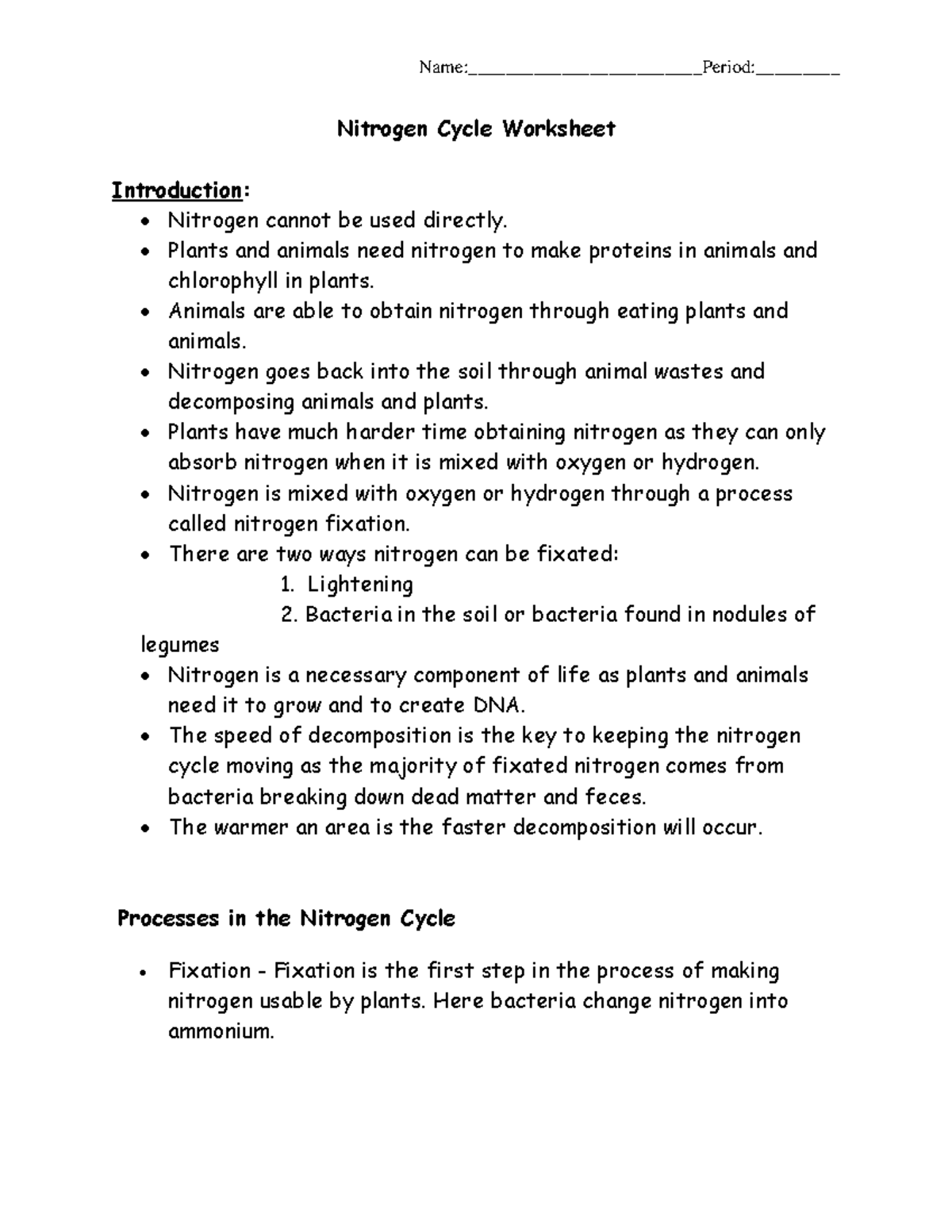 1.2 Nitrogen Cycle Worksheet: Understanding Key Processes - Studocu