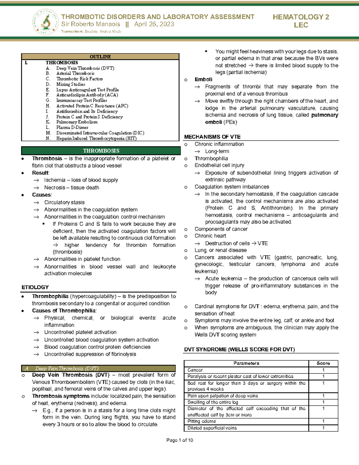 THROMBOTIC DISORDERS & LAB ASSESSMENT - HEMATOLOGY 2 LEC NOTES - Studocu