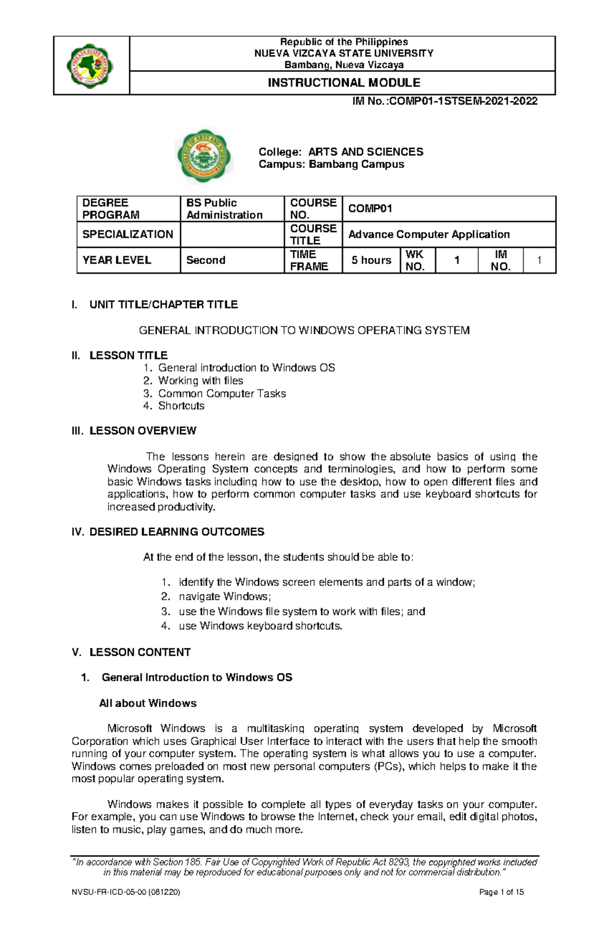IM 1-Adv Comp-Win - Advance Computer Application Module - NUEVA VIZCAYA ...